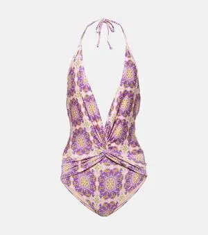 ADRIANA DEGREAS Exotic Coral Printed Halterneck Swimsuit - Multicoloured