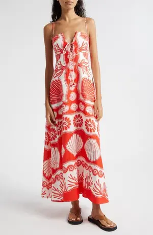 farm rio shell garden linen blend midi dress Farm Rio Ainika Shell Print Linen Blend Maxi Dress In Red - 55% Off