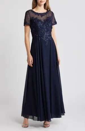 XSCAPE EVENINGS Beaded Mesh Gown - Navy