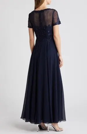 XSCAPE EVENINGS Beaded Mesh Gown - Navy