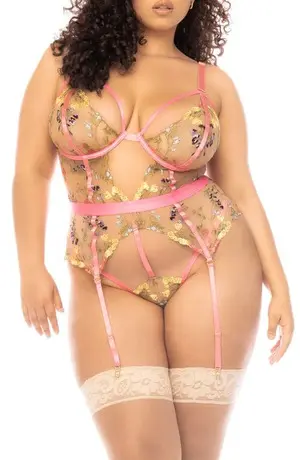 MAPALE Floral Embroideredy Underwire Teddy With Garter Straps - Pink Garden