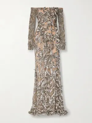 Oscar De La Renta Off-the-shoulder Sequined Tulle Gown