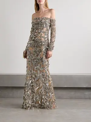 Oscar De La Renta Off-the-shoulder Sequined Tulle Gown