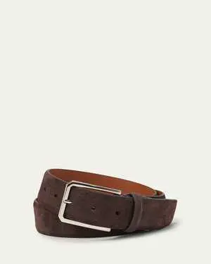Santoni Square-Buckle Suede Belt Dark Brown