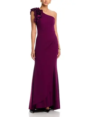 Aqua One Shoulder Ruffle Crepe Gown - Raisin