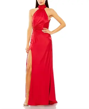 Mac Duggal Open Back High Neck Side Ruched Gown - Red
