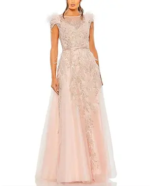 Mac Duggal High Neckline Beaded Gown With Feather Detail - Blush
