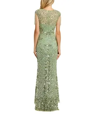 Mac Duggal High Neck Sleeveless Beaded Fringe Fitted Gown - Sage