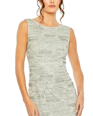 Mac Duggal Crystal Fringe Column Dress - Sage