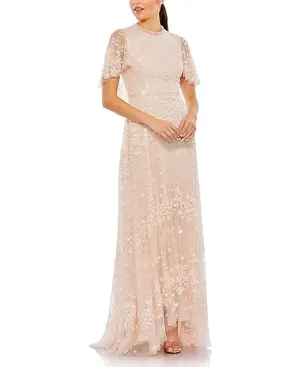 Mac Duggal Sequined High Neck Flutter Sleeve A-line Gown - Blush