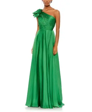 Mac Duggal One Shoulder Gown With Bow Detail And Slit - Emerald