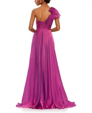 Mac Duggal One Shoulder Gown With Bow Detail And Slit - Raspberry