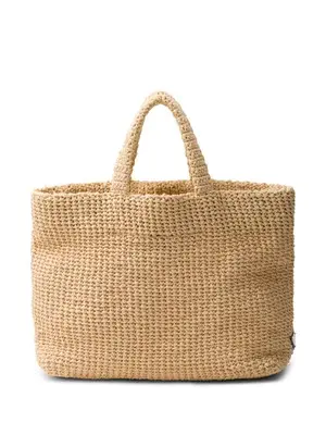 Prada Logo-embroidered Crochet Tote Bag - Neutrals