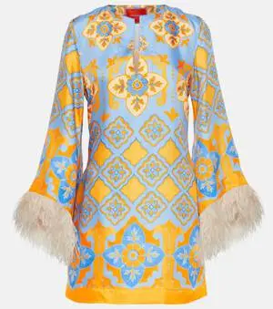 La DoubleJ Printed Feather-trimmed Minidress - Blue