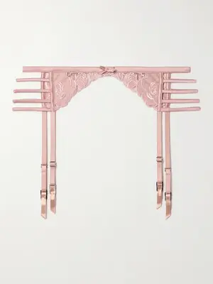 Fleur Du Mal Rose Embroidered Tulle Suspender Belt - Pink
