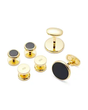 LINK UP Gold-tone Round Black Obsidian Stud & Cufflink Set - Black/gold
