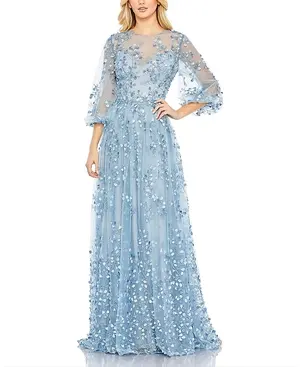 Mac Duggal Embroidered Puff Sleeve A-line Gown - Blue