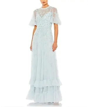 Mac Duggal Floral Embellished Flutter Sleeve A-Line Gown Powder Blue