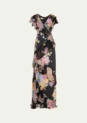 Rickie Freeman For Teri Jon Floral-print Chiffon Gown - Black Mult