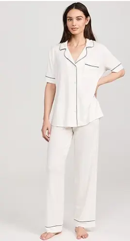 Eberjey Gisele The Short Sleeve Long Pajama Set - Pure Ivory/navy