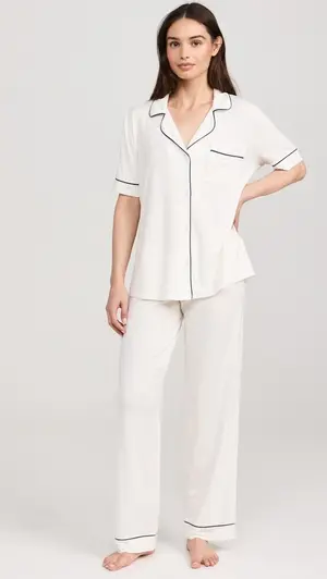 Eberjey Gisele The Short Sleeve Long Pajama Set - Pure Ivory/navy