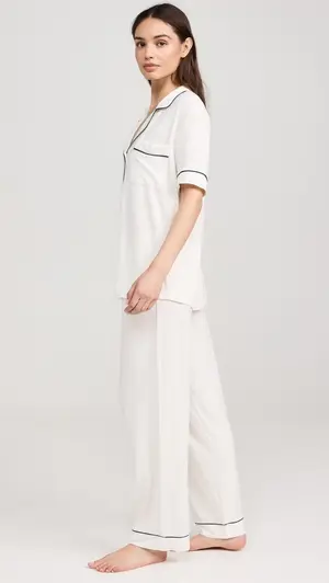 Eberjey Gisele The Short Sleeve Long Pajama Set - Pure Ivory/navy