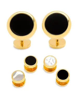CUFFLINKS, INC. Double Sided Onyx & Mother-of-pearl Round Stud & Cufflink Set - Gold