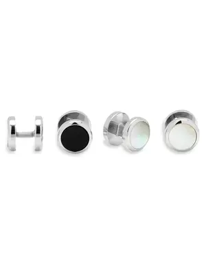 CUFFLINKS, INC. Double Sided Onyx & Mother-of-pearl Round Stud & Cufflink Set - Silver