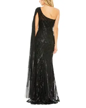 Mac Duggal One-shoulder Embellished Gown With Cape Sleeve - Black