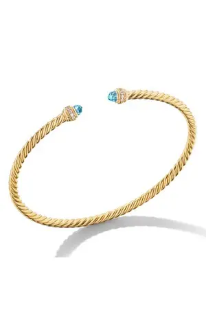 David Yurman Classic Cablespira® Cuff Bracelet In 18k Gold With Diamonds - 18k Yellow Gold/ Blue Topaz