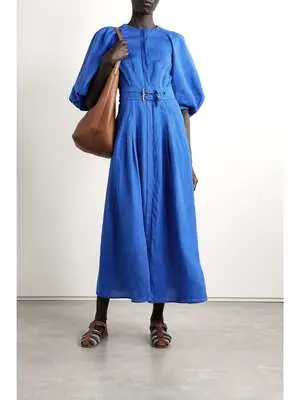 Gabriela Hearst Elea Buckled Linen Midi Dress - Blue