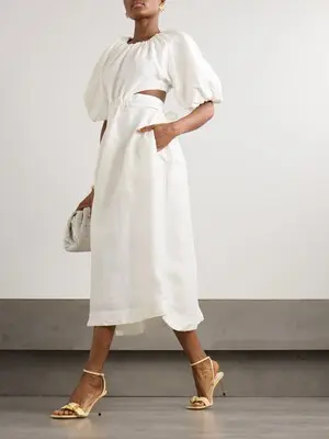 Aje Mimosa Cutout Gathered Linen-blend Midi Dress