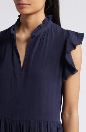 Caslon Ruffle Duo Cotton Gauze Dress - Navy Blazer