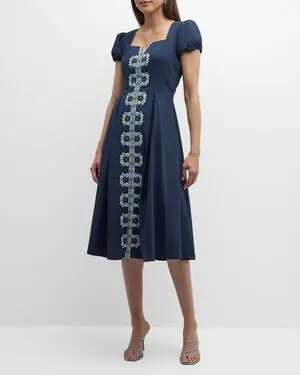 Elie Tahari The Faye Pleated Floral-Embroidered Midi Dress - Oxford Blue