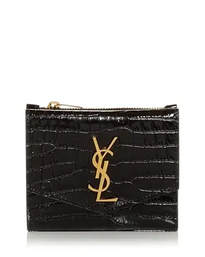 Saint Laurent Uptown Compact Wallet In Crocodile-embossed Shiny Leather - Nero/nero