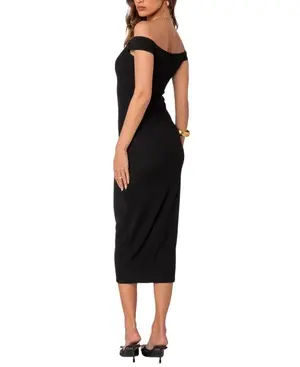 EDIKTED Kyla Off Shoulder Ribbed Midi Dress