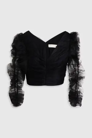Zimmermann Cropped Ruched Tulle Blouse