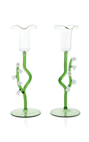 MODA DOMUS Lily Of The Valley Set-of-two Glass Candlesticks - Green