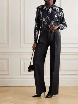 Burberry Pleated Wool And Silk-blend Twill Wide-leg Trousers - Black