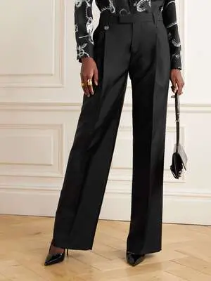 Burberry Pleated Wool And Silk-blend Twill Wide-leg Trousers - Black