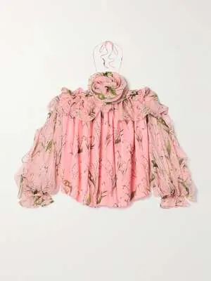 Carolina Herrera Ruffled Appliquéd Floral-print Georgette Halterneck Blouse