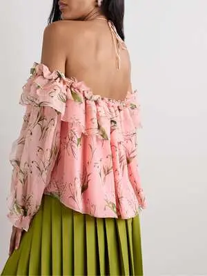 Carolina Herrera Ruffled Appliquéd Floral-print Georgette Halterneck Blouse