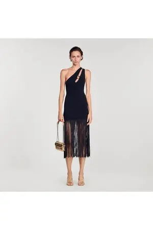 Sandro Asymmetric Fringed Dress In Blue / Navy - 30% Off | Editorialist
