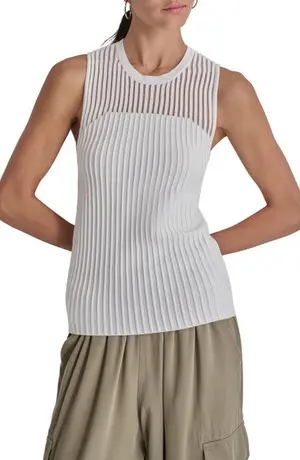 Dkny Stripe Sheer Yoke Sleeveless Sweater White