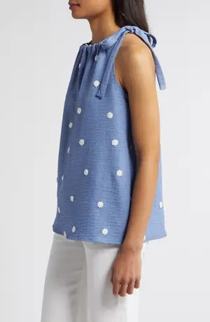 Loveappella Tie Shoulder Sleeveless Top - Chambray