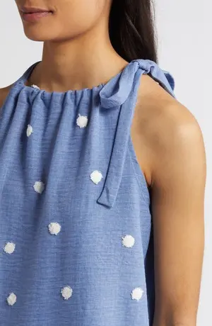 Loveappella Tie Shoulder Sleeveless Top - Chambray