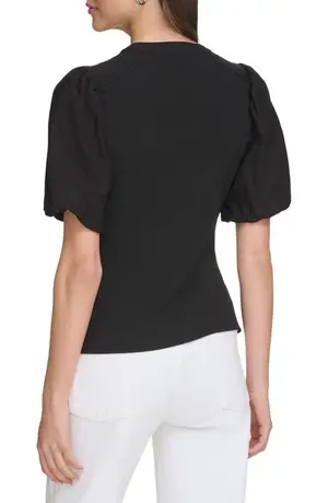 Dkny Ribbed Henley Top With Puff Sleeves - Black