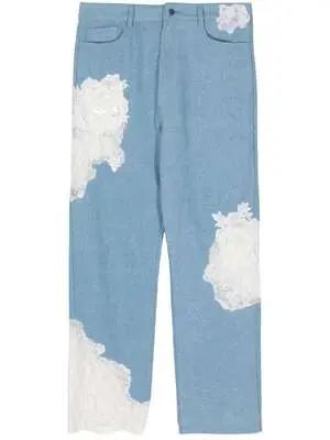 Collina Strada Cotton Jeans With Floral Lace Detailing - Blue