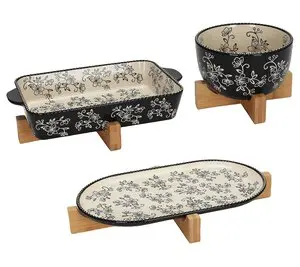 TEMP-TATIONS Floral Lace Essential 3pc Bakeware W/ Wood Trivets - One-color
