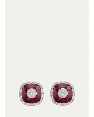 BHANSALI 18k White Gold 10mm Cushion-cut Fusion Stud Earrings With Diamonds - Ruby